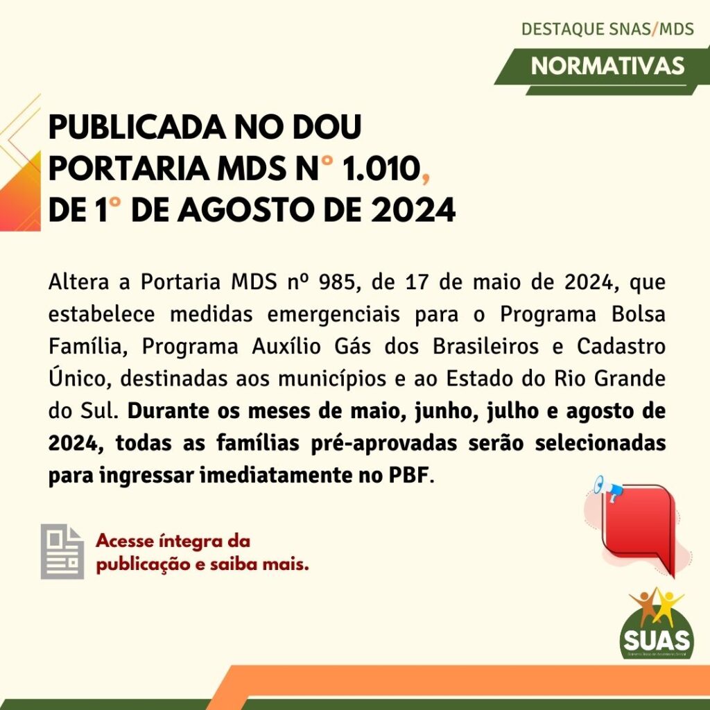 PORTARIA MDS Nº 1.010, DE 1º DE AGOSTO DE 2024 – Blog Rede SUAS